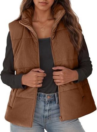 Feoya Gilet matelass&eacute; ample en velours c&ocirc;tel&eacute; avec col montant et fermeture &eacute;clair pour femme, marron, XXL
