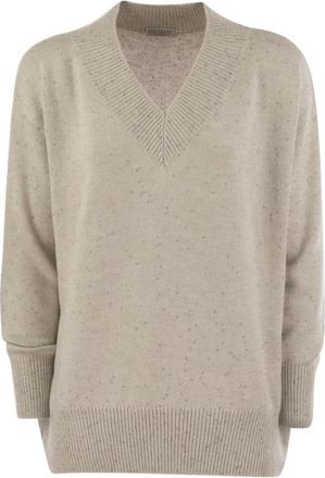 Brunello Cucinelli Femme, Pulls, Gris, Taille: 40 FR Pull En Maille Cachemire M&eacute;lang&eacute; Col V Mouchet&eacute;