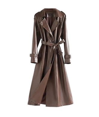Generic Trench-coat en similicuir pour femme - Double boutonnage - Veste longue avec ceinture - Taille haute - Automne et hiver, 1, XL