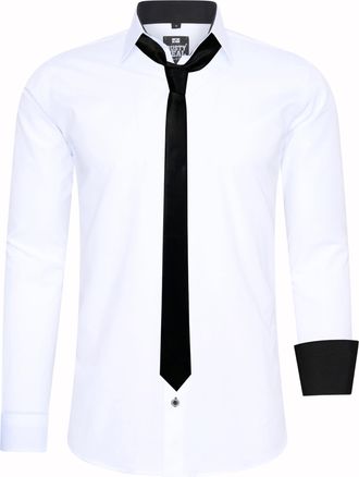 Rusty Neal Herren-Hemd Premium Slim Fit Langarm Stretch Kontrast Hemd mit Krawatte Business-Hemden Outfit Freizeithemd Set 44_99, Gr&ouml;&szlig;e:6XL, Farbe:Wei&szlig;/Schwarz