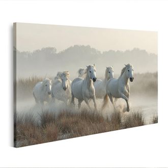 Islandburner Leinwandbild Wei&szlig;e Pferde im Nebel Galoppierend - Leinwand 100x57cm