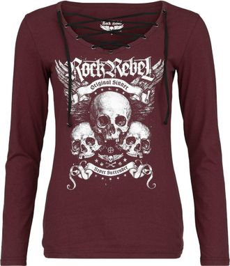 Rock Rebel by EMP Damen dunkelrotes Langarmshirt mit V-Ausschnitt und Schn&uuml;rung XXL
