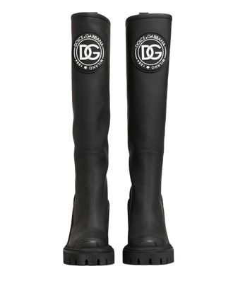 Dolce & Gabbana Womens Black Rubberised Leather High Boots Shoes