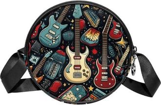 Generic Sac &agrave; bandouli&egrave;re circulaire pour femme, imprim&eacute; guitare &eacute;lectrique, petit sac &agrave; bandouli&egrave;re avec fermeture &eacute;clair, bretelles r&eacute;glables, sac &agrave; main ro