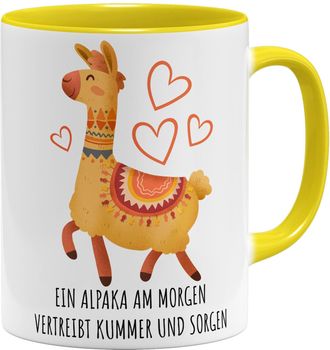 OM3 lustige Kaffee-Tasse mit Spruch - ein Alpaka am Morgen vertreibt Kummer und Sorgen - Statement - Spruchtasse - Keramik Becher - 11oz 325ml - Beidseiti