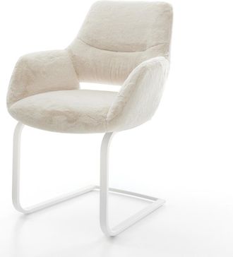 DELIFE Freischwinger Yago-Flex mit Armlehnen Pl&uuml;sch Creme-Wei&szlig; Freischwinger flach Wei&szlig; Taschenfederkern, Esszimmerst&uuml;hle