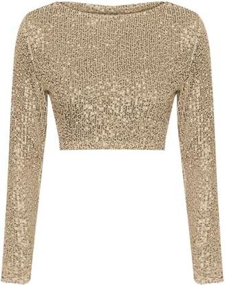 Generic Haut scintillant &agrave; manches longues pour femme - T-shirt tendance &agrave; paillettes - Col rond - Chemisier de danse l&eacute;ger &agrave; paillettes - Tunique courte d&eacute;co