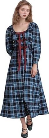 Generic Robes d&eacute;t&eacute; 2026 boh&egrave;me pour femmes, col carr&eacute;, noeud sur le devant, robe midi &agrave; manches longues bouffantes, dos &agrave; volants &agrave; carreaux, bleu, M