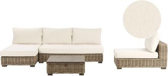 Beliani Lounge Set Grau Rattan 4-Sitzer Rechtsseitig mit Auflagen Cremewei&szlig; Tisch und Lounger Boho Gartenausstattung Terrasse Outdoor