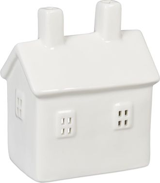 Relaxdays Teelichthaus Keramik, Leuchthäuschen für 1 Teelicht, H x B x T: 12 x 10 x 6,5 cm, Teelichthalter Haus, weiß