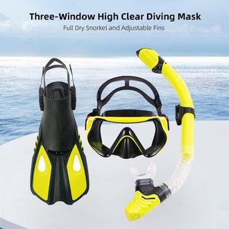 CHICIRIS Tauchmaske, DREI-Fenster-Design, Vollständig Trockener Schnorchel, Verstellbare Flossen für Männer und Frauen, Gut Sichtbare Unterwasserausrüstung (L 