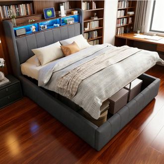 Generic Lit rembourr&eacute; 140 * 200 cm Avec &eacute;clairage LED et Prise USB, t&ecirc;te de lit Avec &eacute;tag&egrave;res et Espace de Rangement, Avec hydraulique Pour le stockage, lit D