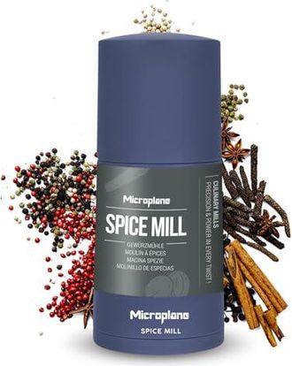 Microplane Gewürzmühle 2in1 - Denim Blau | Manuelle Mühle mit rasiermesserscharfer Edelstahlklinge | Reibt Muskatnuss, Zimt, Tonkabohne, LangenPfeffer, Nüsse & m