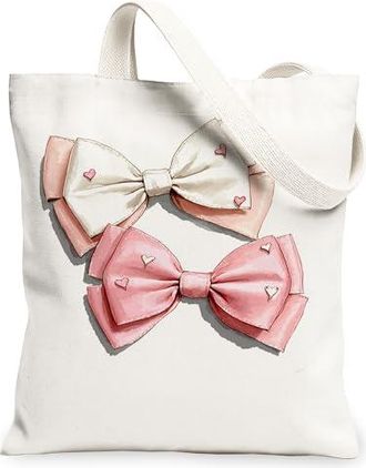 Generic Sac fourre-tout en toile avec noeud mignon, motif coeur, sacs de courses r&eacute;utilisables, l&eacute;gers et lavables avec bandouli&egrave;re pour voyage, blanc, 13x15 