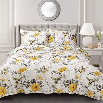 Lush D&eacute;cor Yellow & Gray Penrose Floral 3 Piece Quilt Set, Full/Queen