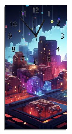 Wallario Design-Wanduhr, Acrylglasuhr Größe 30 x 60 cm, Schwarze Zeiger, Motiv Leuchtende Pixelstadt