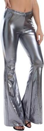 Generic Pantalon &eacute;vas&eacute; brillant en similicuir m&eacute;tallique pour femme avec bas cloche, pantalon &agrave; jambe large iris&eacute; pour festival, performance, f&ecirc;te, club, rave