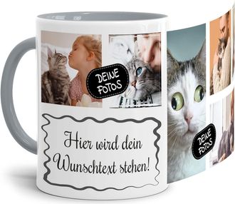 Tassendruck Foto-Tasse selbst gestalten mit Text & Collage für 6 Fotos - Geschenk für Familie, Freunde, Geburtstag, Weihnachten - Keramik Innen & Henkel Grau, 300