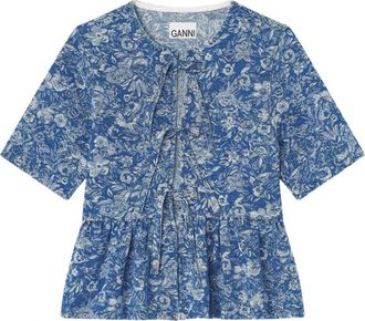 Ganni Bedruckte Jacquard-Bluse mit kurzen &Auml;rmeln und Sch&ouml;&szlig;chen - - Blouses & Shirts - Damen - Blau - XS