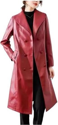Generic Trench long en simili cuir pour femme - Double boutonnage avec ceinture et revers crant&eacute; slim coupe-vent, Rouge, S