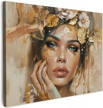 MuchoWow © Impression sur Toile Decoration Murale Peinture 80x60 cm Tableaux Decoratifs Muraux Déco Chambre Tableau Salon Femme - Fleurs - Or - Portrait