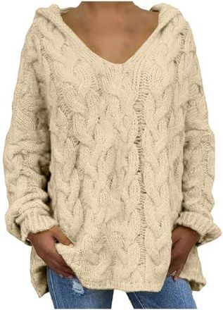 Generic Pull dhiver chaud pour femme de No&euml;l 2025 - Pull &agrave; capuche surdimensionn&eacute; en tricot torsad&eacute; - Col en V - Manches longues - Pull ample pour femme, beig