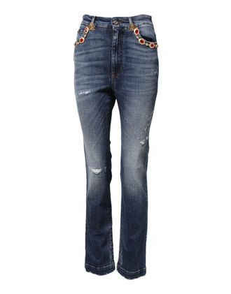Dolce & Gabbana Womens Blue Rhinestone Embellished Denim Jeans Cotton Elastane Clothing