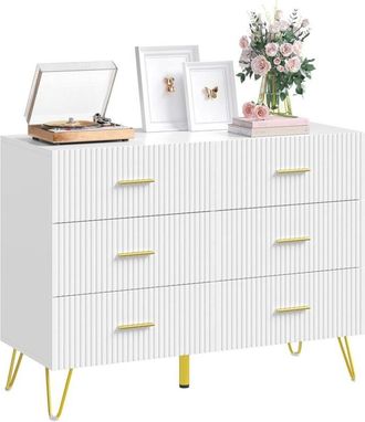 Woltu Woltu - Commode blanche 6 tiroirs 100x40x75cm - Panneaux de particules E1 - Pieds en m&eacute;tal dor&eacute; - Meuble de rangement polyvalent