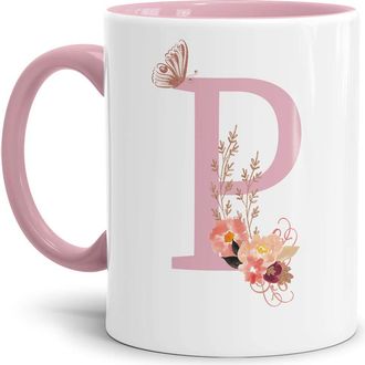 Tassendruck Buchstaben-Tasse mit Blumen - Buchstabe P - Innen & Henkel Rosa - Mug/Cup/Becher/Edel/Geschenk-Idee/Beste Qualität - 25 Jahre Erfahrung
