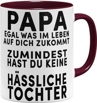 OM3 Papa Tasse mit lustigem Spruch - egal was im Leben auf Dich zukommt - Keramik Becher - 325ml - Beidseitig Bedruckt - Bordeaux