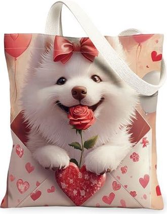 Generic Sac fourre-tout r&eacute;utilisable en toile pour la Saint-Valentin Motif chien Shiba Inu 33 x 38 cm, lettre damour chiot imprim&eacute; sac d&eacute;picerie pour femme, a