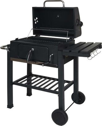 Hhg Chariot de barbecue 862, barbecue au charbon de bois Barbecue bbq gril de jardin avec couvercle &eacute;tag&egrave;res, acier, 110x100x51cm noir