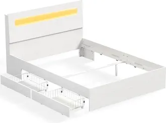 Vasagle Kailyn Collection - Cadre de Lit avec 2 Tiroirs Coulissants 140 x 190 cm, Lit Double, avec LED, Multiprise, sans Sommier, pour Chambre dAdo, Chambre d