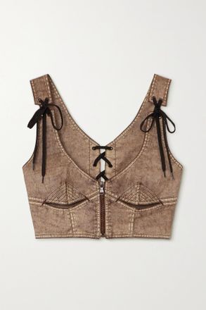 Jean Paul Gaultier + Knwls Bustier Aus Melierter Stretch-baumwolle Mit Lederapplikation - Braun