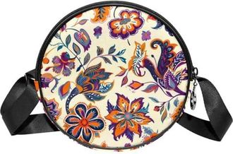 Generic Petit sac &agrave; bandouli&egrave;re rond pour femme, style ethnique, boh&egrave;me, floral, avec fermeture &eacute;clair, bretelles r&eacute;glables, sac &agrave; main rond d&eacute;contract&eacute; pour 