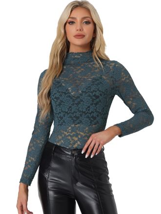 Allegra K Damen Langarm Durchsichtig Spitze Oberteil Stehkragen Mesh Blumen Lace Hochgeschlossene Top Bluse See Blau S