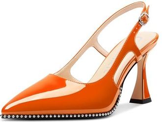 Castamere Femmes Slingback Bloc Chunky Haut High Talon Heel Ferm&eacute; Pointu Bout Escarpins Dress Mariage Party Chaussures 9 CM Heels Orange 38 EU