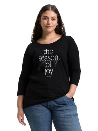 Tom Tailor Damen 1050736 Plus Size-Langarmshirt mit Print, 14482-Deep Black, 52