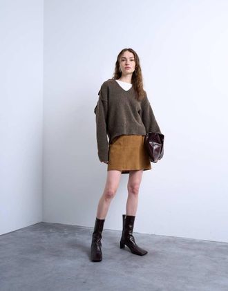 Topshop Mini-jupe en daim véritable à coutures - Caramel-Brown