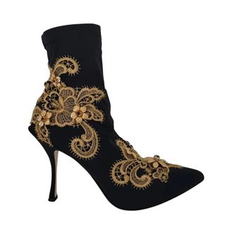 Dolce & Gabbana Schwarze Goldstickerei Kristall Stiefeletten - - Shoes - Damen - Schwarzk - 37 EU
