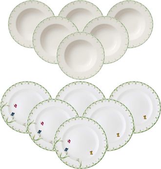 Villeroy & Boch Colourful Spring Tafelservice 12-teilig, Speiseteller (27 cm) und Suppenteller (24,7 cm) f&uuml;r 6 Personen, Schmetterlinge- & Blumen-Dekor, Premium Porze