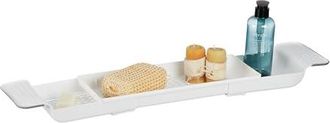 Relaxdays Badewannenablage, ausziehbar 55,5-78 cm, Kunststoff, Wasserablaufl&ouml;cher, rutschsicher, Badewannenbrett, wei&szlig;
