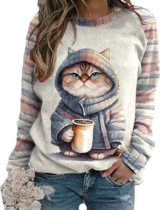 Keephen Femmes Chat Mignon 3D Imprim&eacute; Pullover Sweatshirts Dr&ocirc;le Graphique Imprim&eacute; T-Shirt &Agrave; Manches Longues Pull Tops