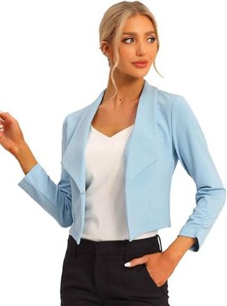 Allegra K Blazer Court Femme pour Bureau & Travail Veste Courte Cintré à Manches Longues avec Revers Cranté Devant Ouvert sans Bouton Bleu Clair L