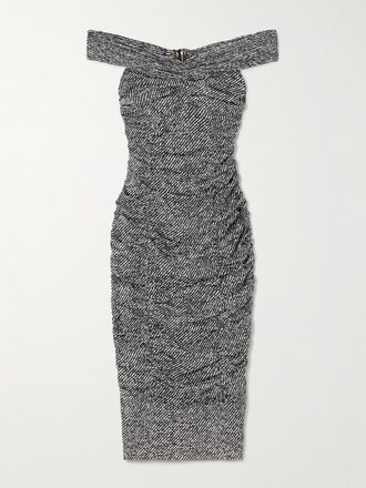 Dolce & Gabbana Schulterfreies Midikleid Aus Einer Bedruckten Seidenmischung Mit Raffungen - Grau