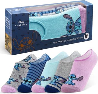 Disney Sneaker Socken Damen Teenager Gr&ouml;&szlig;e 36-40, 5er-Pack Weich Bunte Lustige F&uuml;&szlig;linge, Warme Geschenke f&uuml;r Frauen (Blau Stitch)