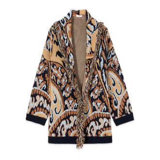 Oltre Langer Strickcardigan aus Wollmischung mit Fransen und Kristallen - - Knitwear - Damen - Beige - S/M