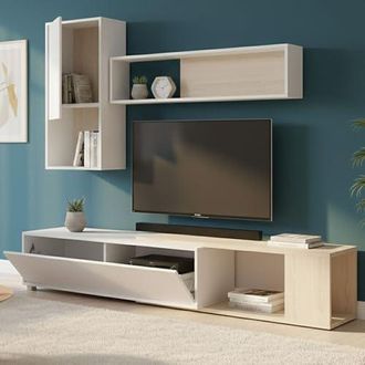 Dmora Wohnwand Denali, modulares Eck-Wohnzimmerset, Multipositions-Wohnzimmerm&ouml;bel, 230 x 41 x 180 cm, Wei&szlig; und Eiche