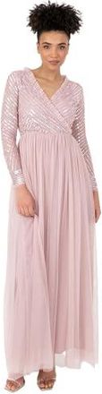 Maya Womens Maxi Dress Ladies Embellished Wrap Tulle Frilly V-Neck Long Sleeve for Wedding Guest Bridesmaid Prom Ball Gown Robe, Frosted Pink, 44 Femme