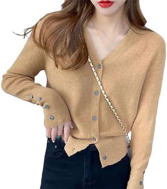 Generic Pull dhiver d&eacute;contract&eacute; &agrave; col en V pour femme - Haut tendance cor&eacute;en &agrave; manches longues - Solide et basique, Kaki, taille unique